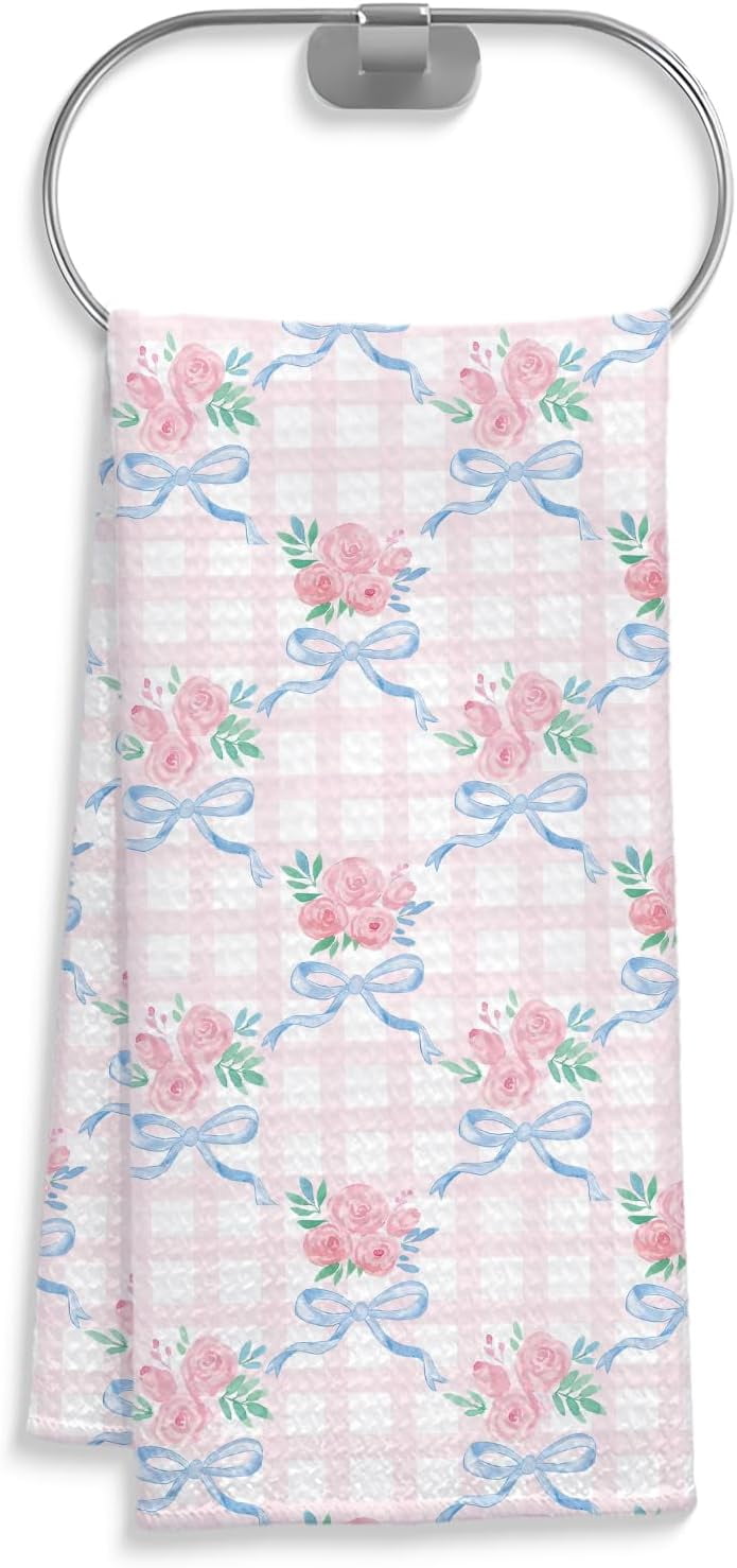 Coquette Blue Bow Floral Kitchen Towel, Grandmillennial Pink Rose ...