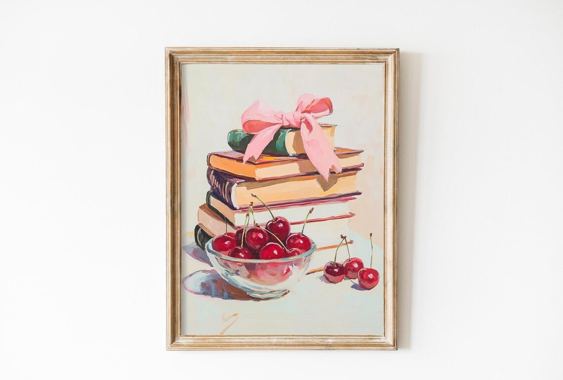 Coquette Books Cherries Pink Bow Pastel Academia Decor, Stretched ...