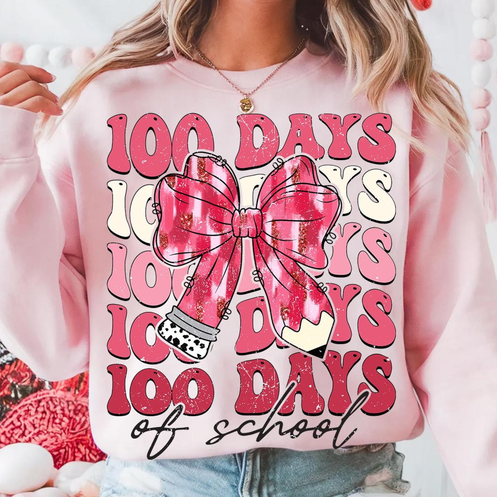 Coquette Bow 100 Days of School Sweatshirt, Coquette Pencil Bow ...
