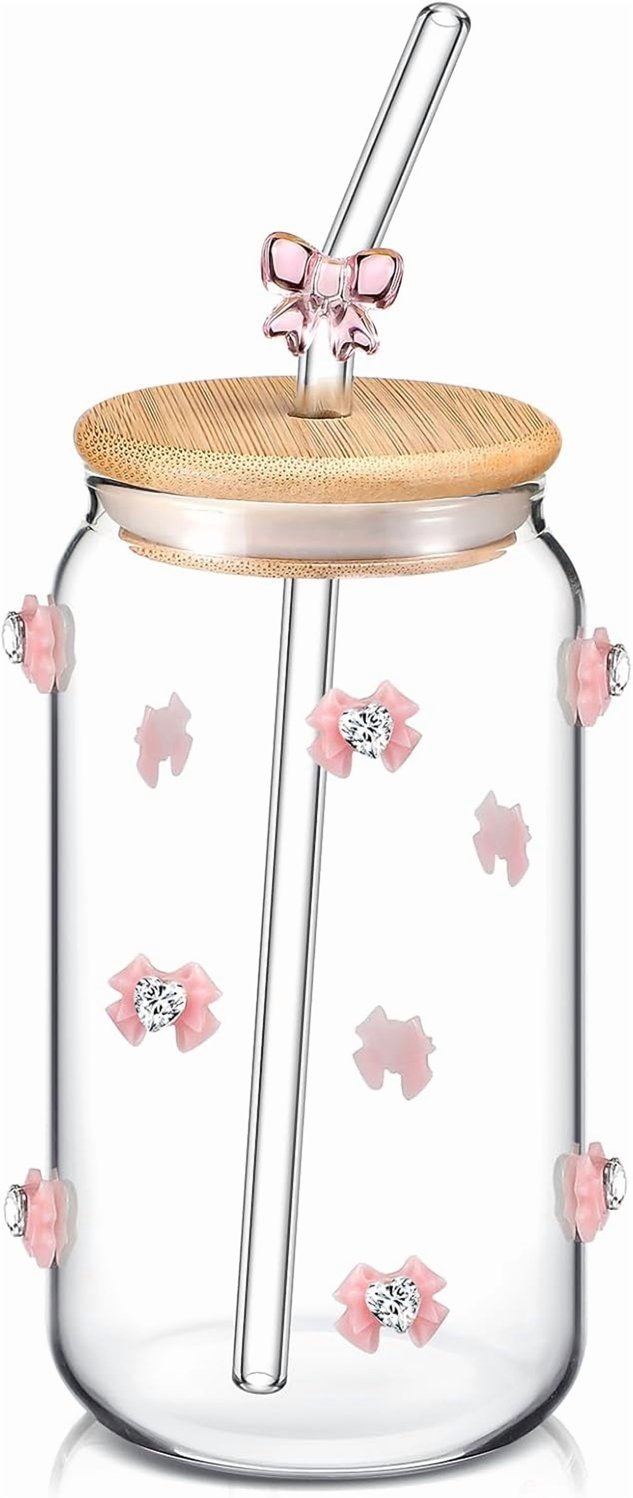 Coquette Bow Aesthetic Cup, 16 oz Dainty Glass Cup in Pink with Lid and ...