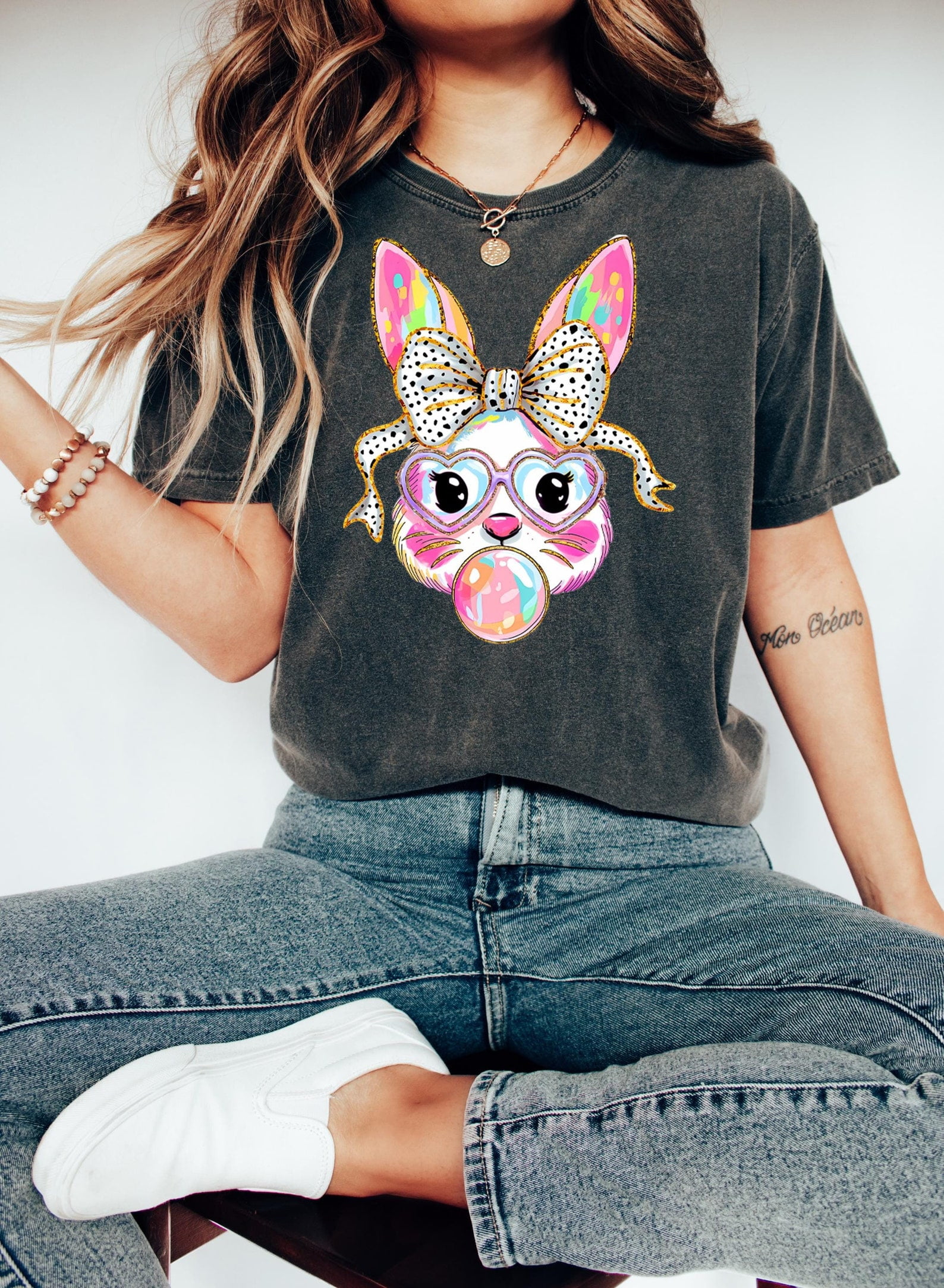 Coquette Bow Bunny Ears Shirt, Cute Bunny Sweatshirt, Rabbit Tee, Happy ...