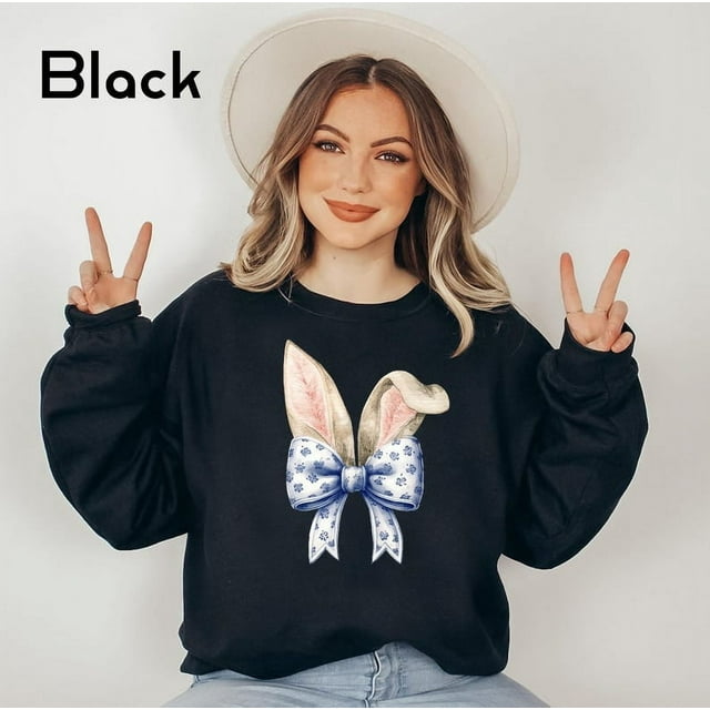 Coquette Bow Bunny Ears Sweatshirt Cute Easter Bunny Shirt Aesthetic