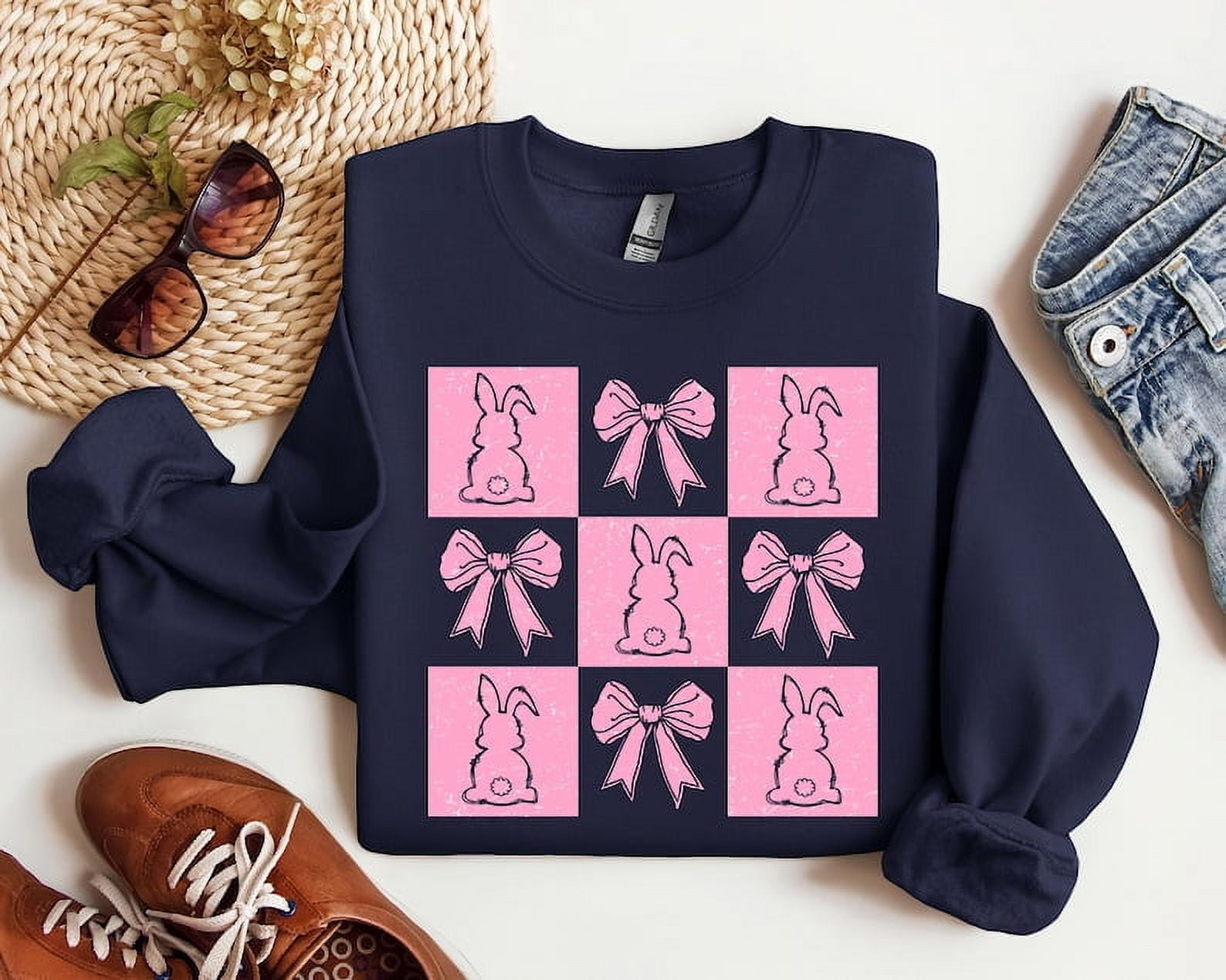 Coquette Bow Bunny Sweatshirt, Cute Easter Sweatshirt, Happy Easter Day ...
