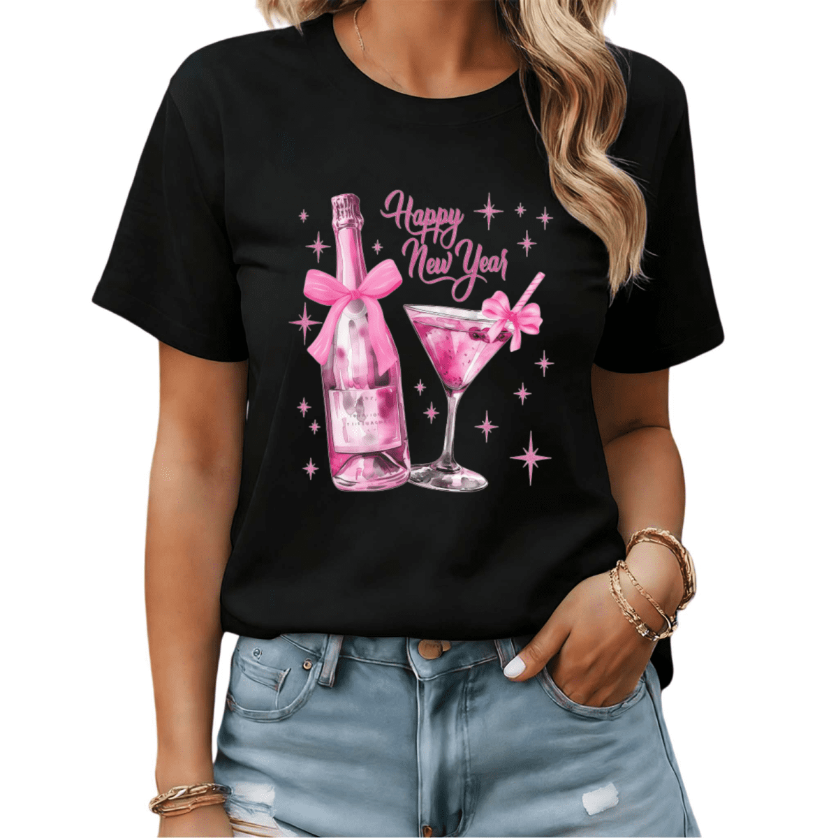 Coquette Bow Champagne Happy New Year Graphic Tees Womans T shirt Black ...