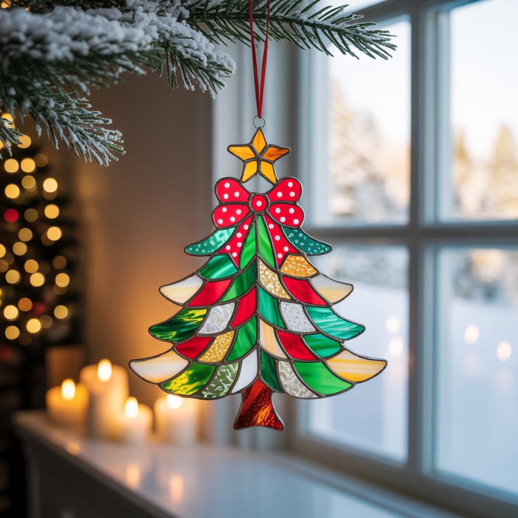 Coquette Bow Christmas Tree Acrylic Suncatcher, Festive Holiday Window ...