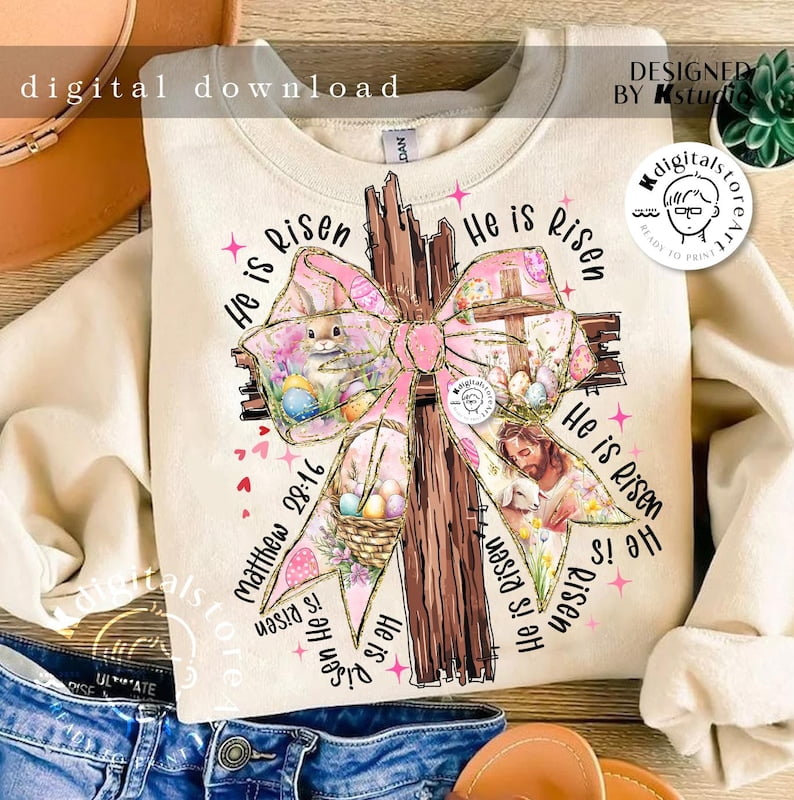 Coquette Bow Easter Cross Sweatshirt, Christian Bible Verse Pullover ...