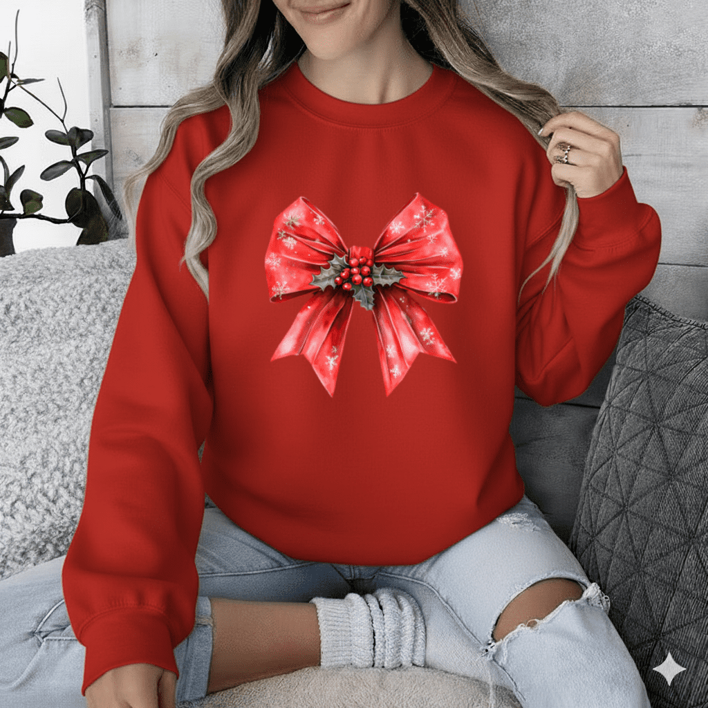 Coquette Bow Holly Snow Bow Coquette Christmas Girly Holiday Sweatshirt ...