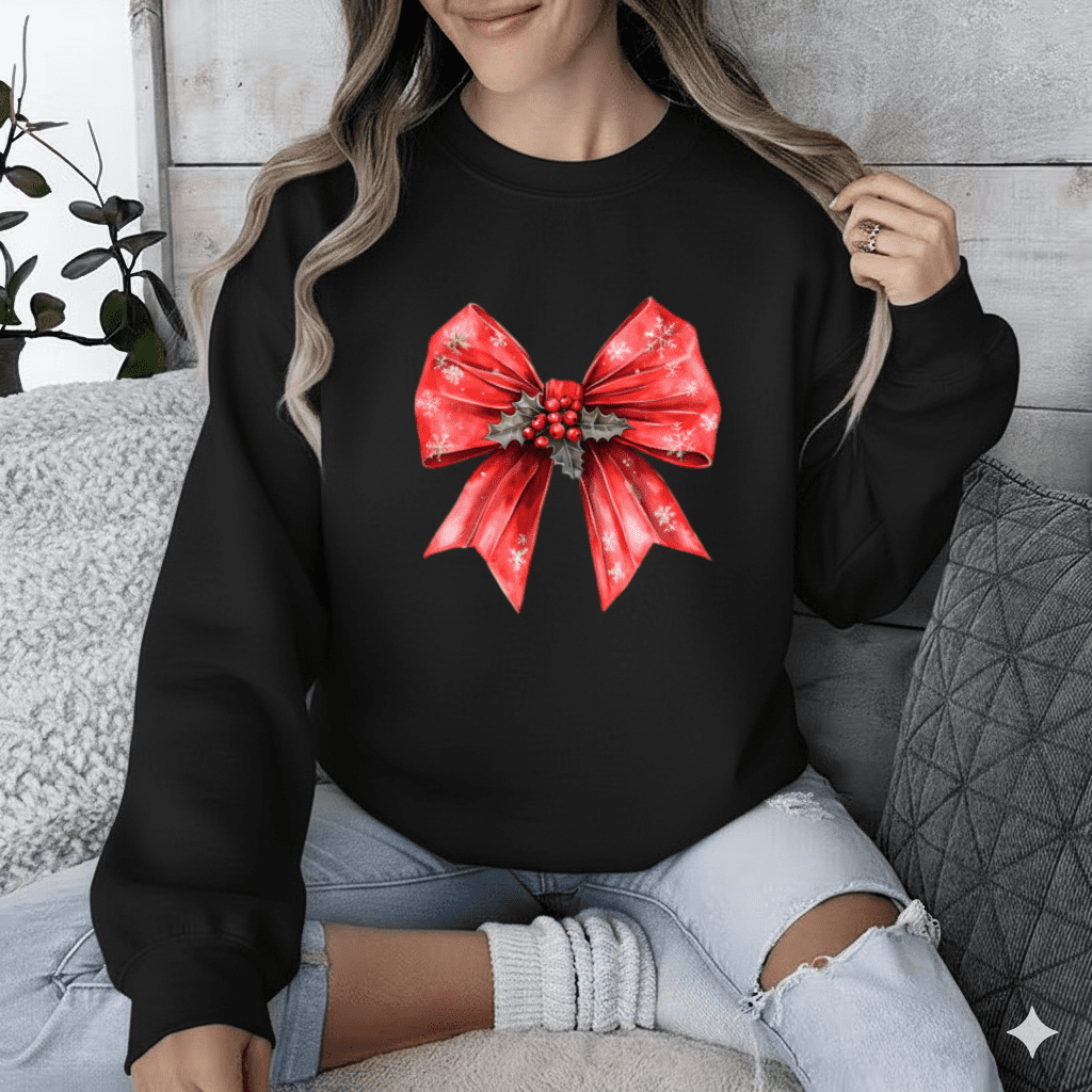 Coquette Bow Holly Snow Bow Coquette Christmas Girly Holiday Sweatshirt ...