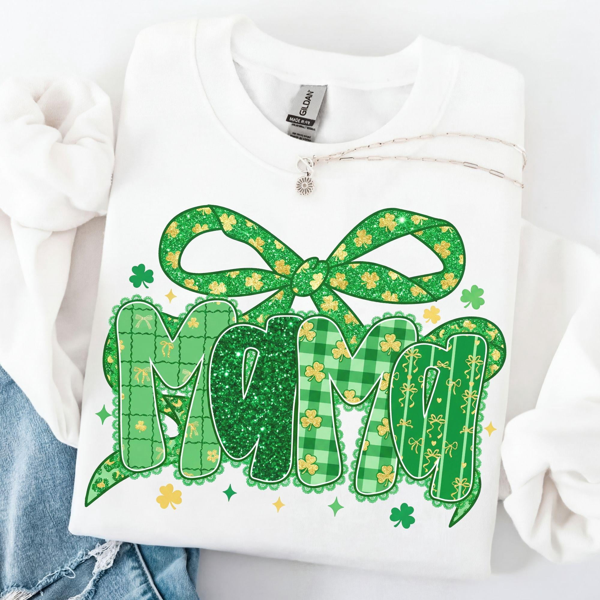 Coquette Bow Mama Shamrock Sweatshirt, Irish Mom Sweatshirt, Lucky Mama ...