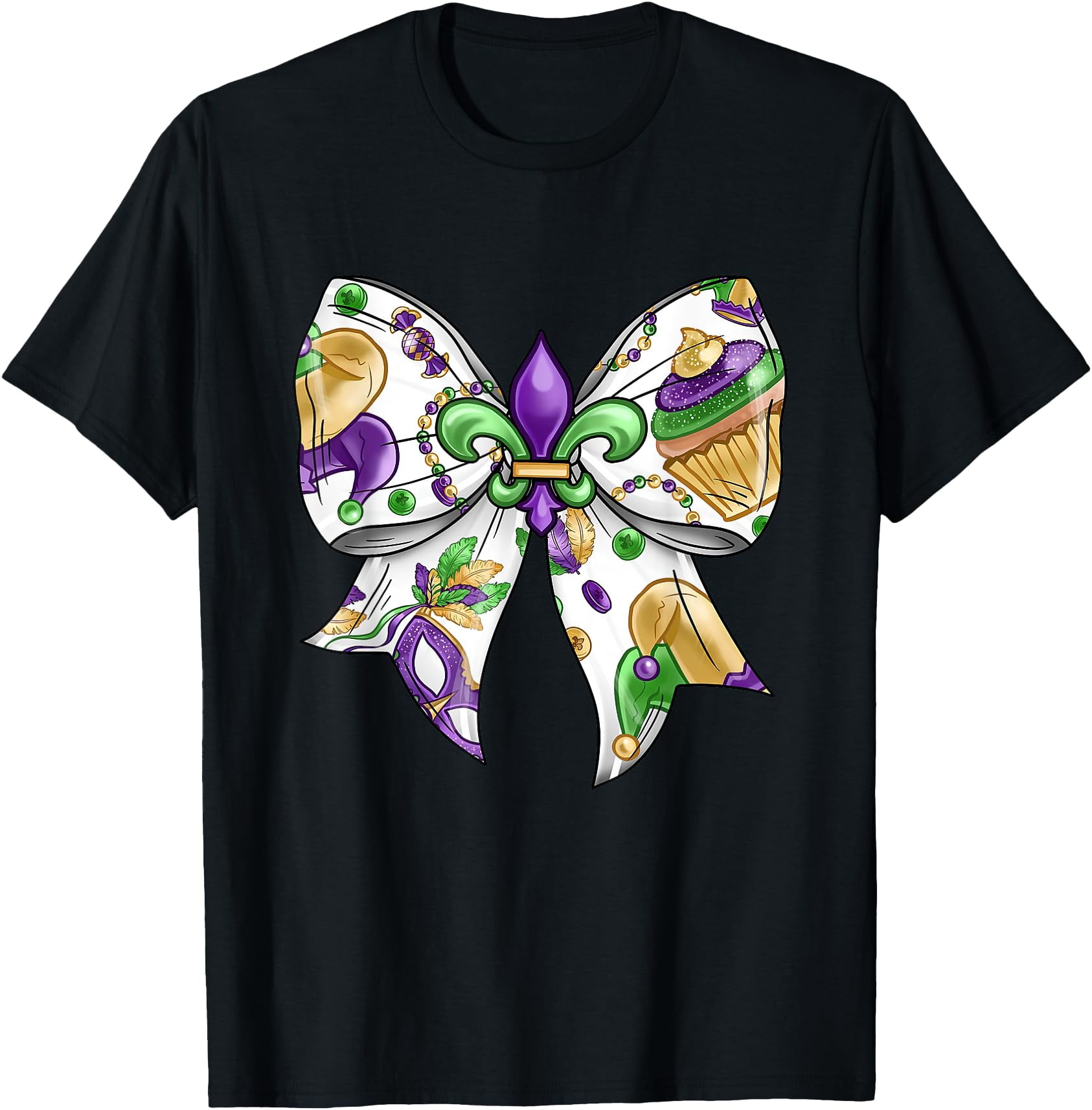Coquette Bow Mardi Gras Louisiana Crawfish King Cake Womens T-Shirt ...