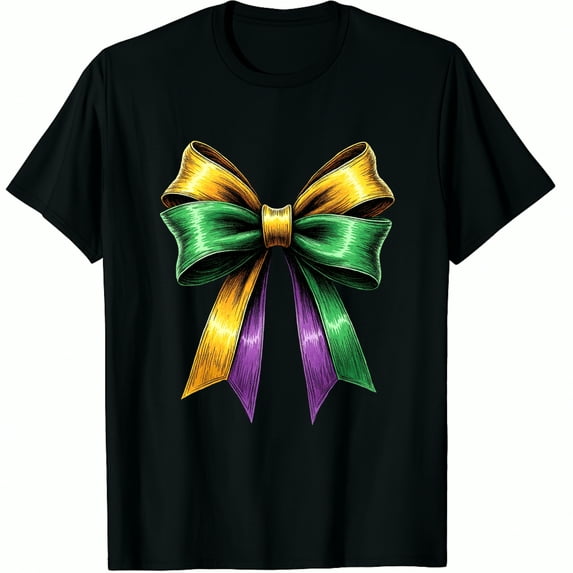 Coquette Bow Mardi Gras New Orleans Fat Tuesday Graphic Black T-Shirt ...