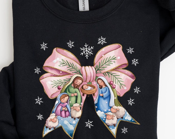 Coquette Bow Nativity Sweatshirt, Coquette Bow Jesus Shirt, Nativity ...