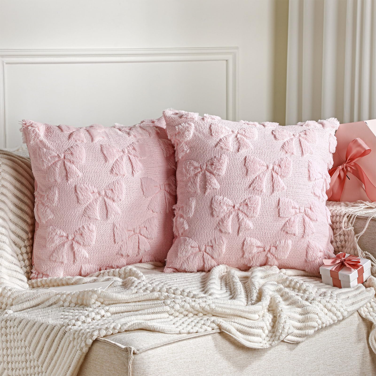 Coquette Bow Pillow Covers Set of 2, Fluffy Faux Fur Soft Preppy ...