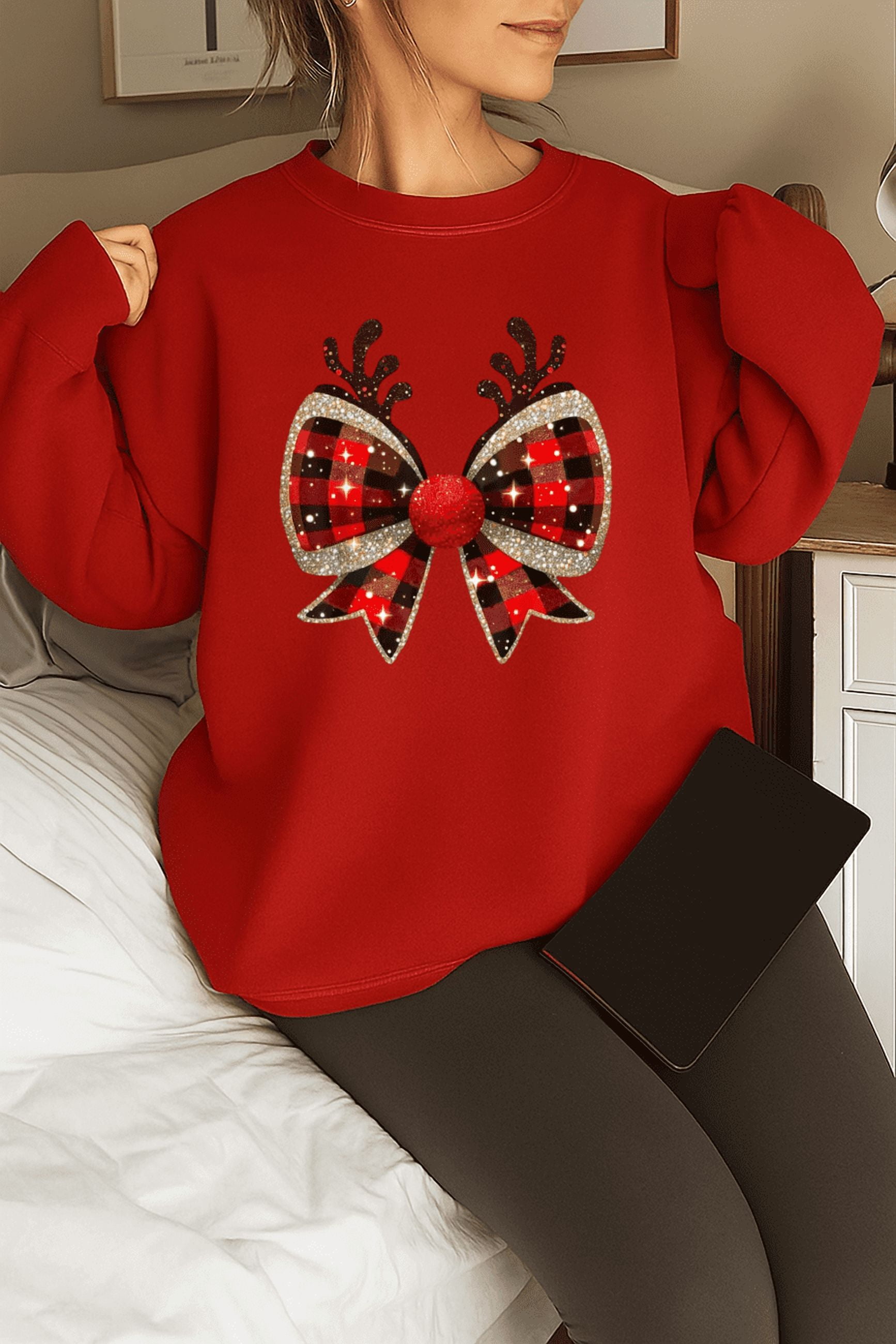 Coquette Bow Reindeer Nose Pattern Christmas Holiday Fun Sweatshirt ...