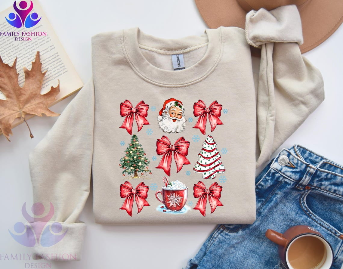 Coquette Bow Sweatshirt, Cute Red Ribbon Santa Sweater, Merry Christmas ...