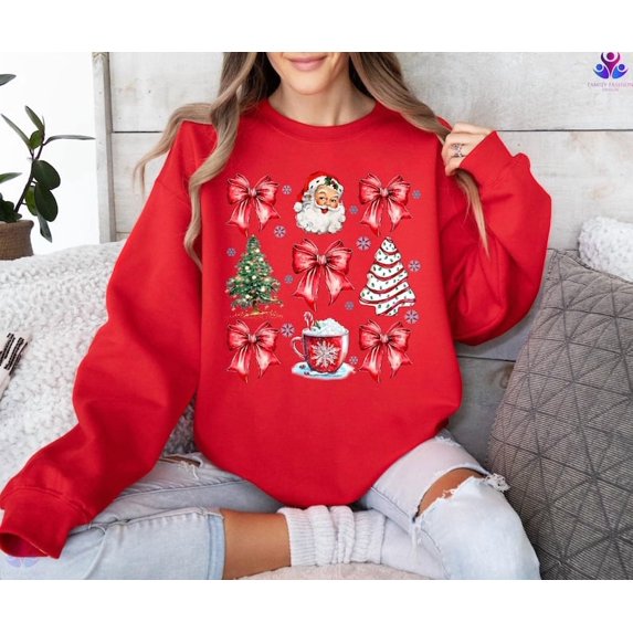 Coquette Bow Sweatshirt, Cute Red Ribbon Santa Sweatshirt, Merry ...