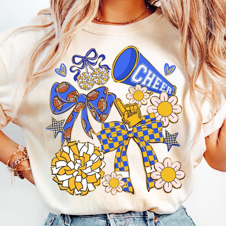 Coquette Cheer Mom T-Shirt, Blue & Gold Cheer Season Tee, Preppy ...