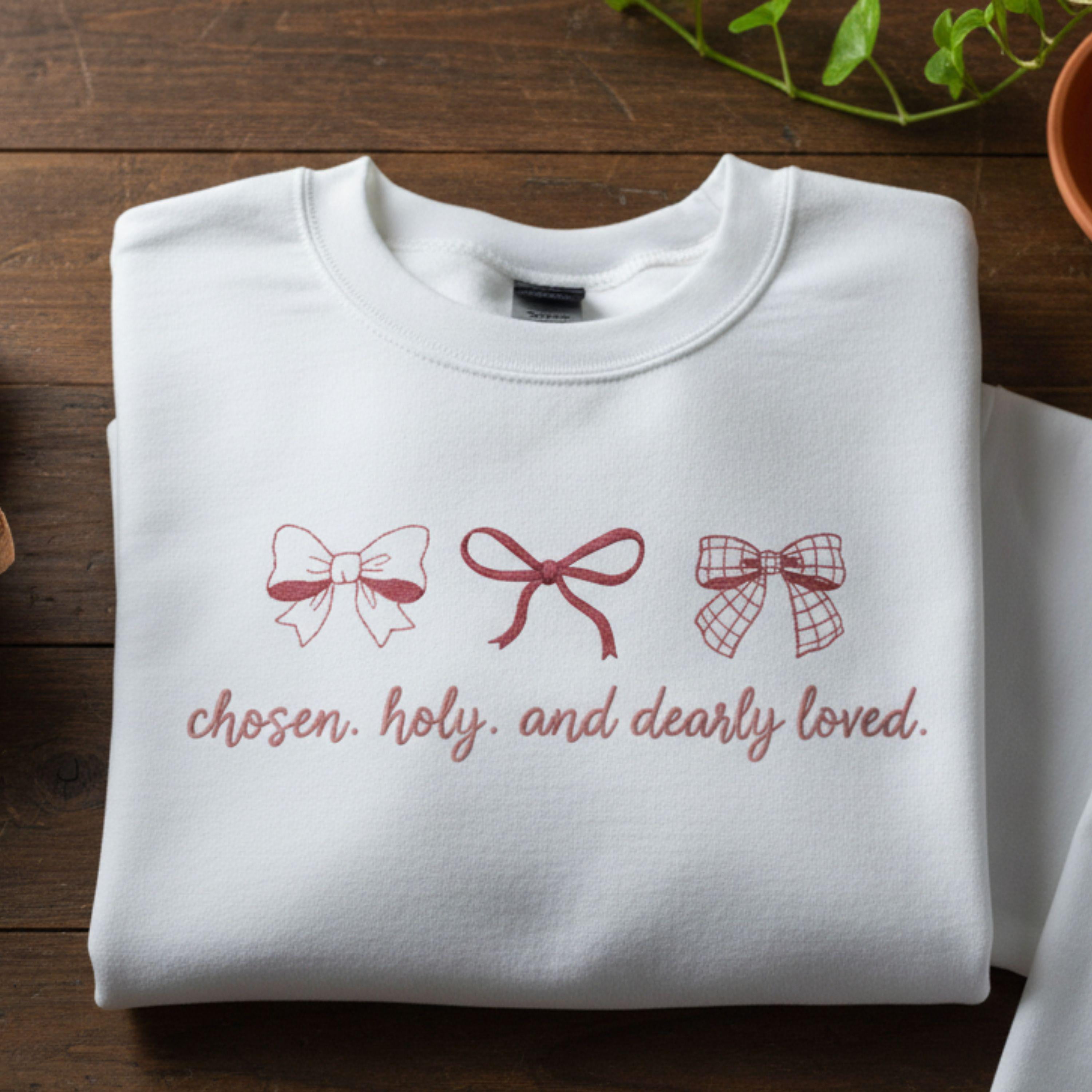Coquette Christian Embroidered Sweatshirt, Minimalist Bow Clothing, Chosen Holy Dearly Loved ...
