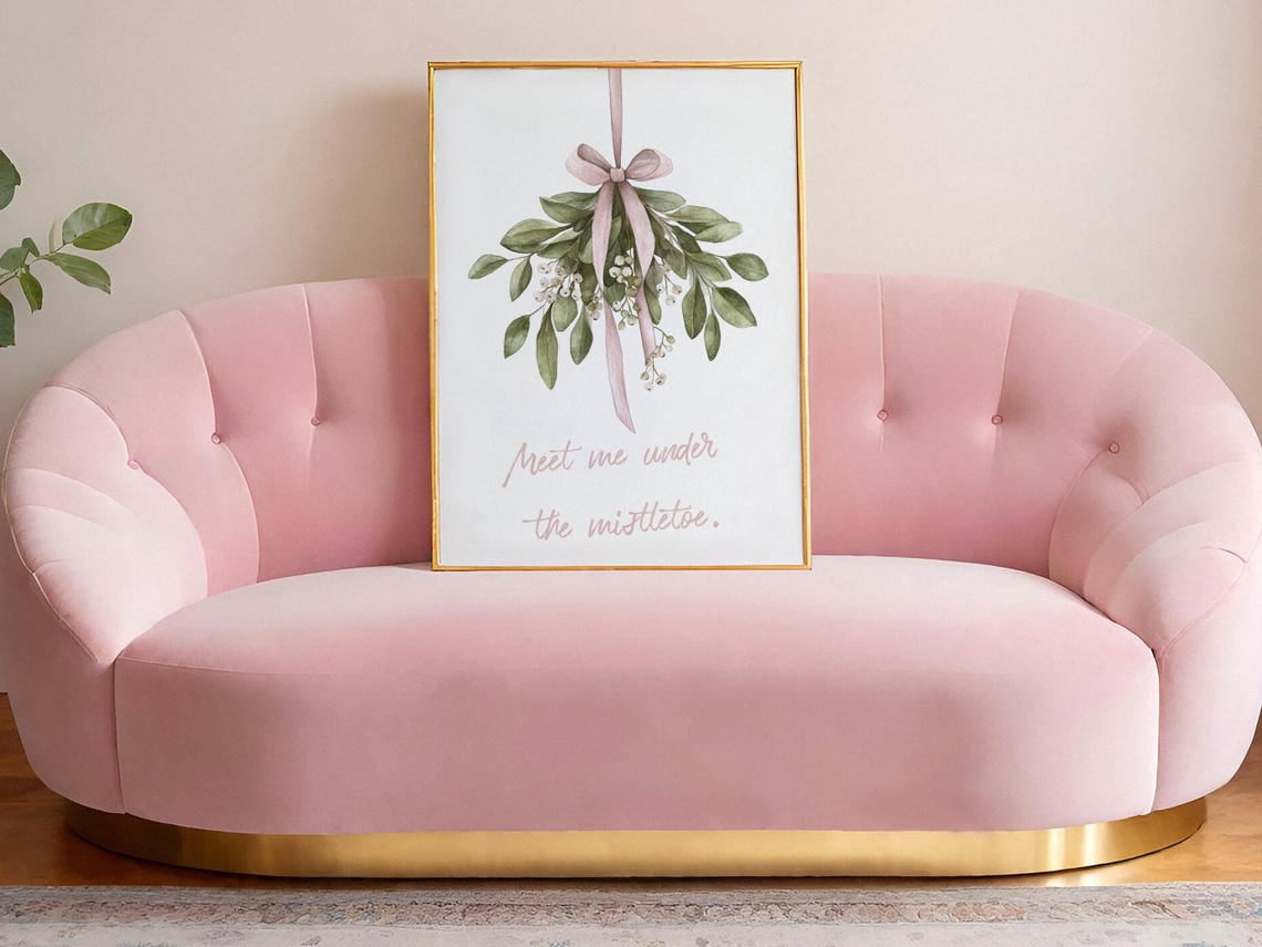 Coquette Christmas Mistletoe Print: Preppy Bow Holiday Decor #2274, Unframed Canvas Size 12x18 ...