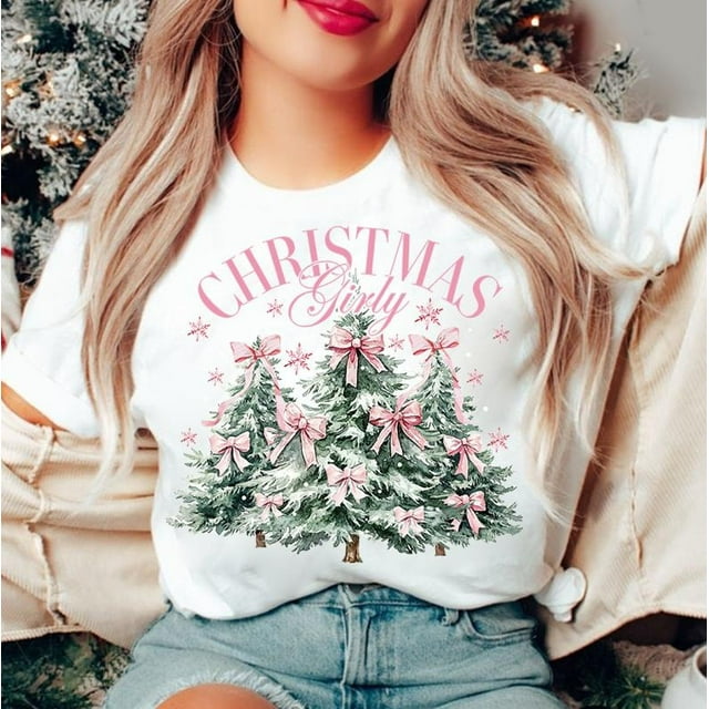 Coquette Christmas Tree Shirt for Women – Cute Retro Holiday T-Shirt ...