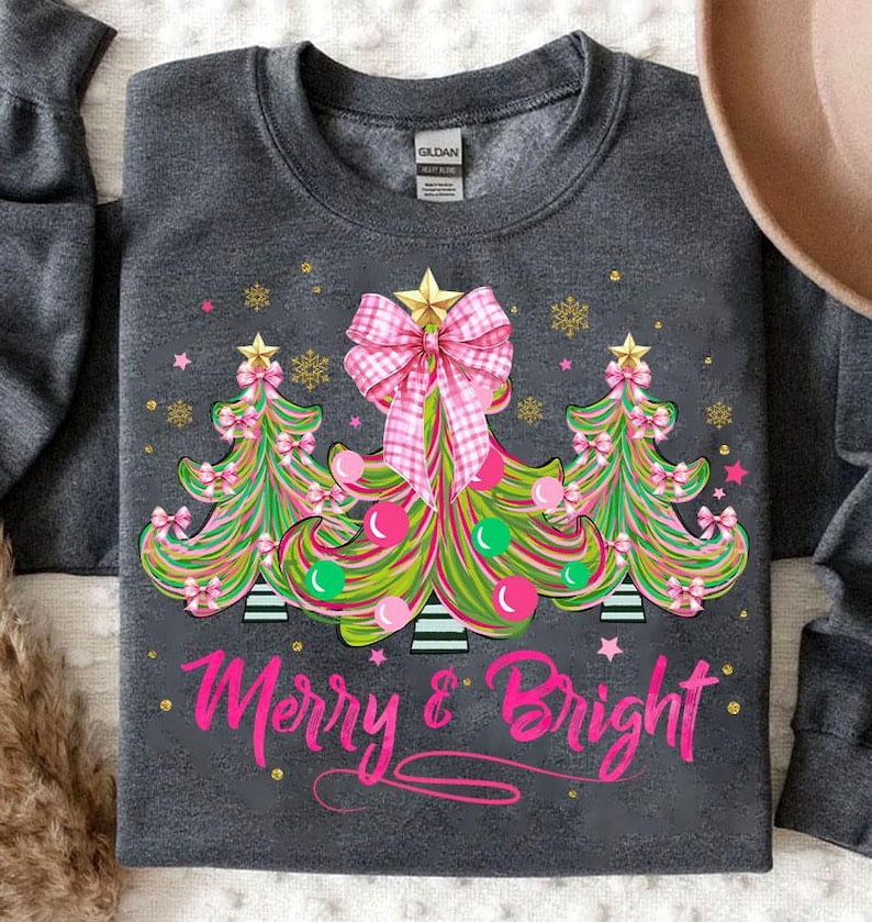 Coquette Christmas Trees Sweater, Merry and Bright Pink Bow Girly ...