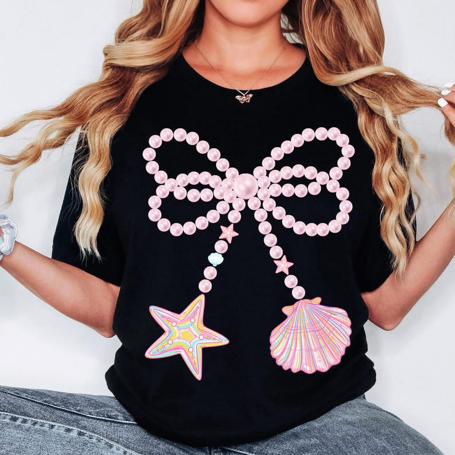Coquette Clam Pearl Bow T-shirt, Coastal Seashell Starfish T-shirt ...