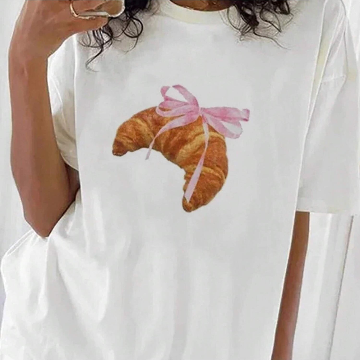 Coquette Croissant B1aby T1EE With Pink RibB1On B1Ow Printed WoM1en's ...