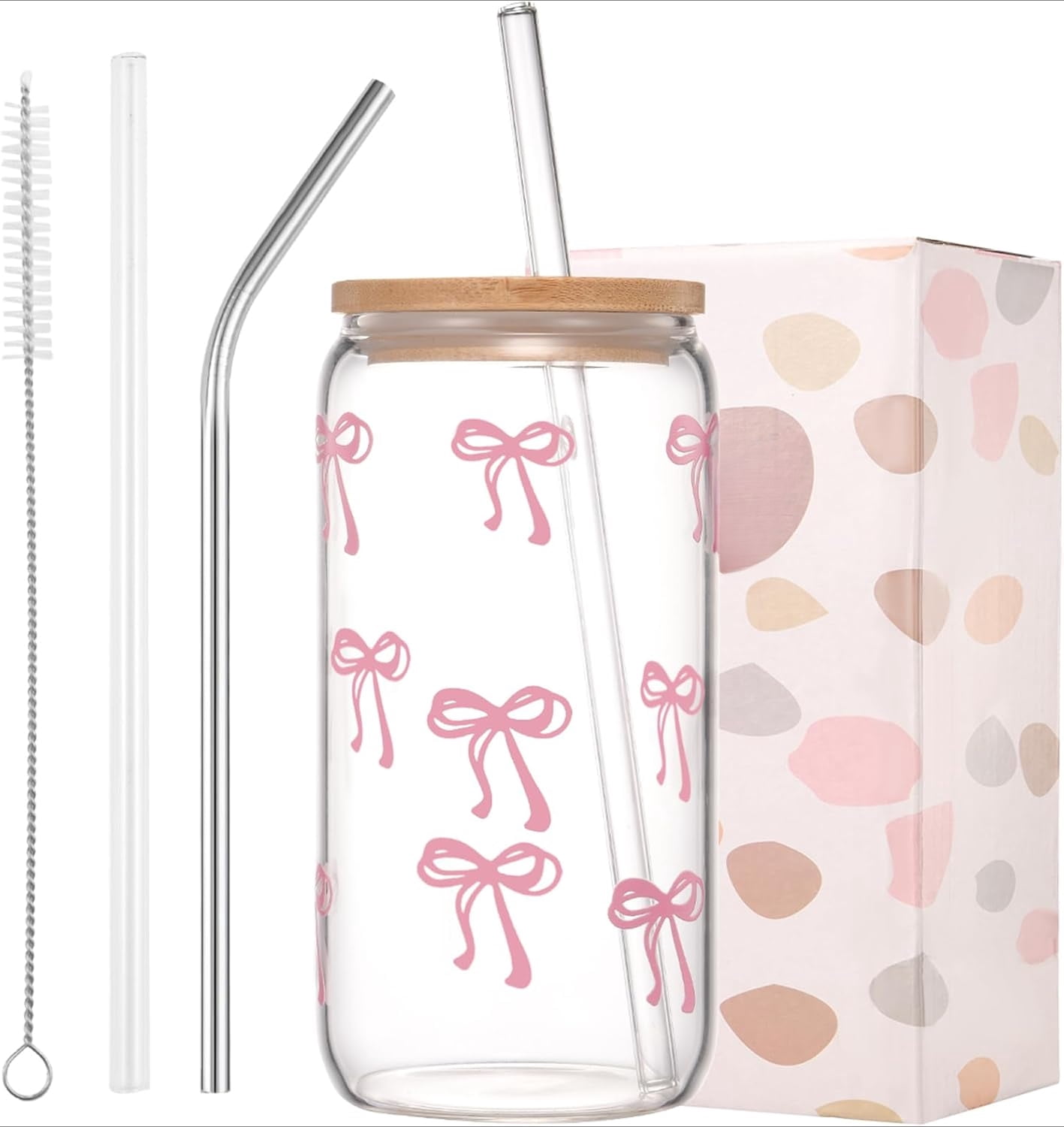Coquette Cute Pink Bow Glass Cups with Lids and Straws, Aesthetic Iced ...