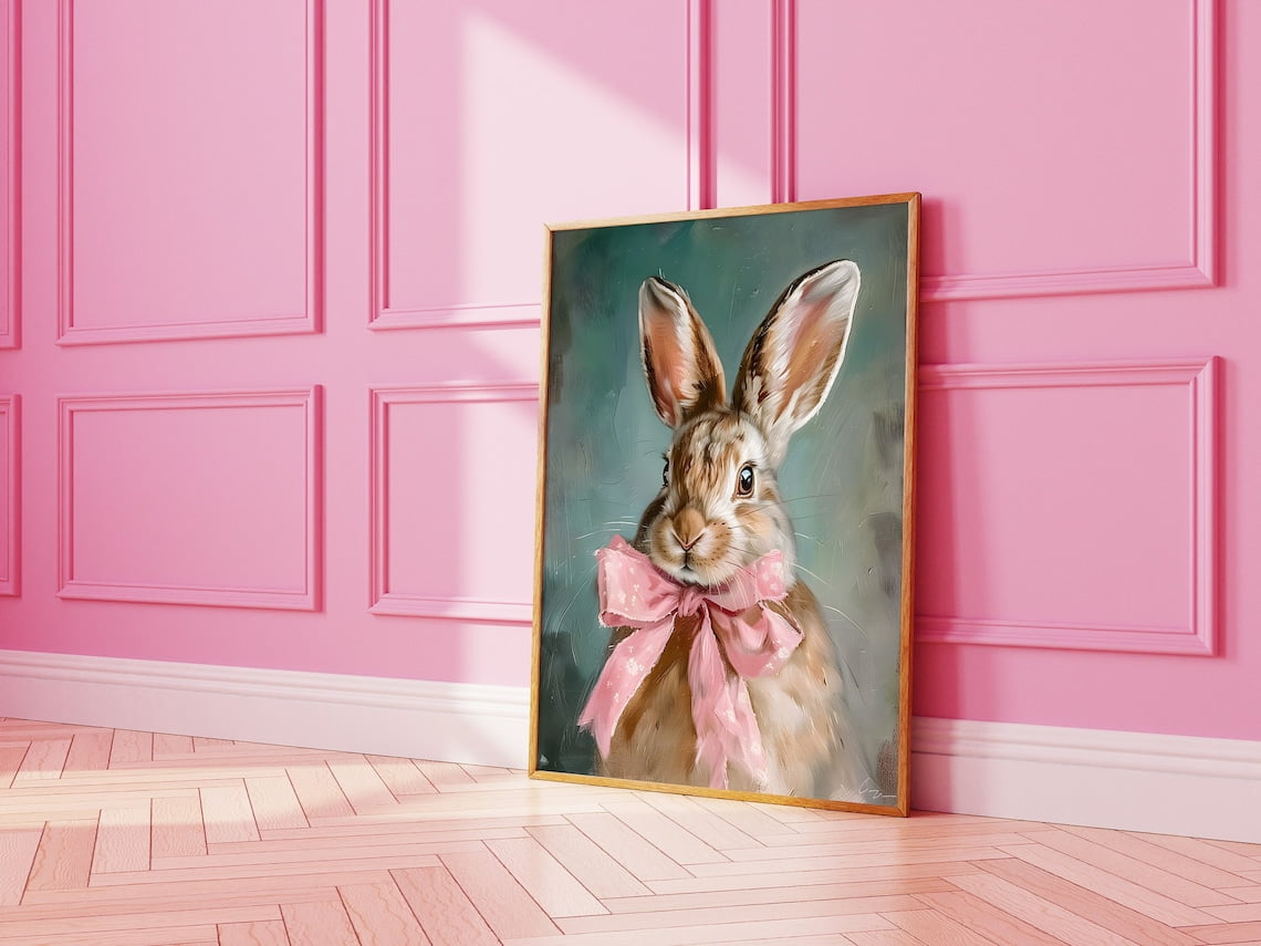 Coquette Easter Bunny Rabbit with Pink Bow Nursery Decor Grandmillenial ...