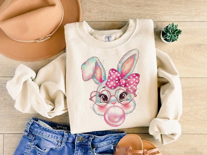 Coquette Easter Bunny Sweatshirt, Bubblegum Bunny Crewneck, Pink Doodle ...