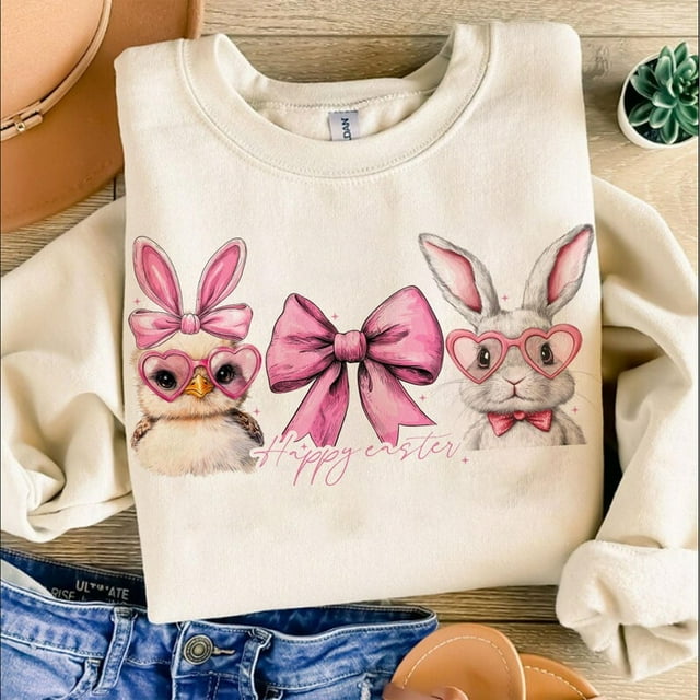 Coquette Easter Bunny Sweatshirt Chicken And Bow Crewneck Cute Easter