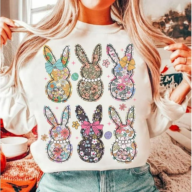 Coquette Easter Bunny Sweatshirt Floral Bunny Crewneck Retro Pastel