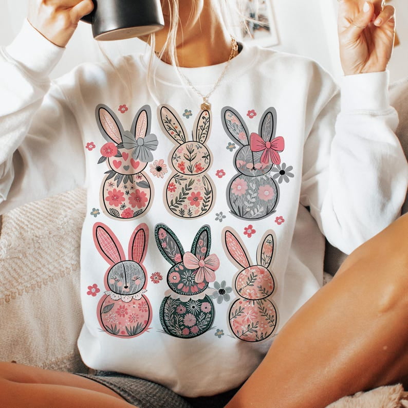 Coquette Easter Bunny Sweatshirt, Floral Bunny Spring Sweatshirt, Retro ...