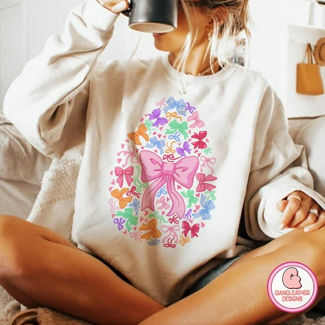 Coquette Easter Egg Sweatshirt Retro Girly Easter Pullover With Bow