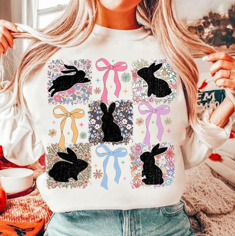 Coquette Easter Sweatshirt with Floral Bunny and Retro Bow, Girly ...