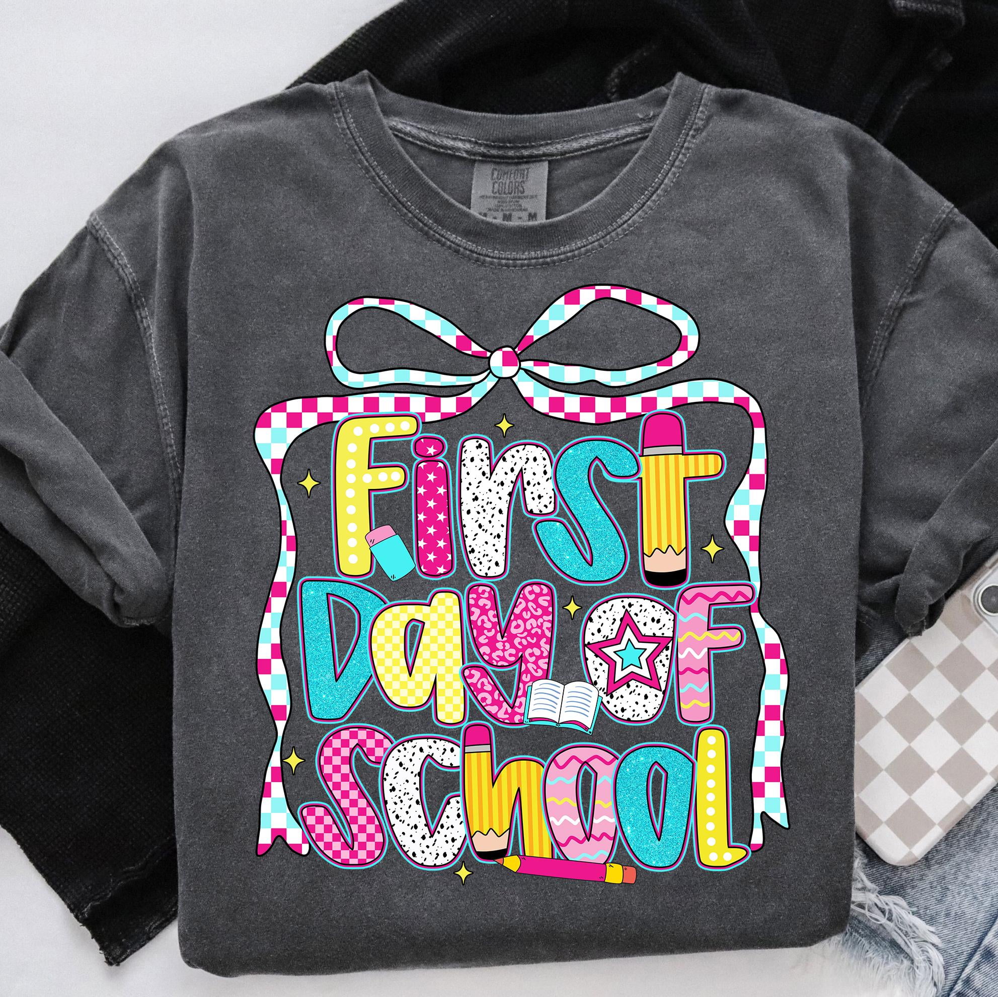 Coquette First Day Of School Tee Checkered Back To School Teacher Pencil Bow Doodle Shirt