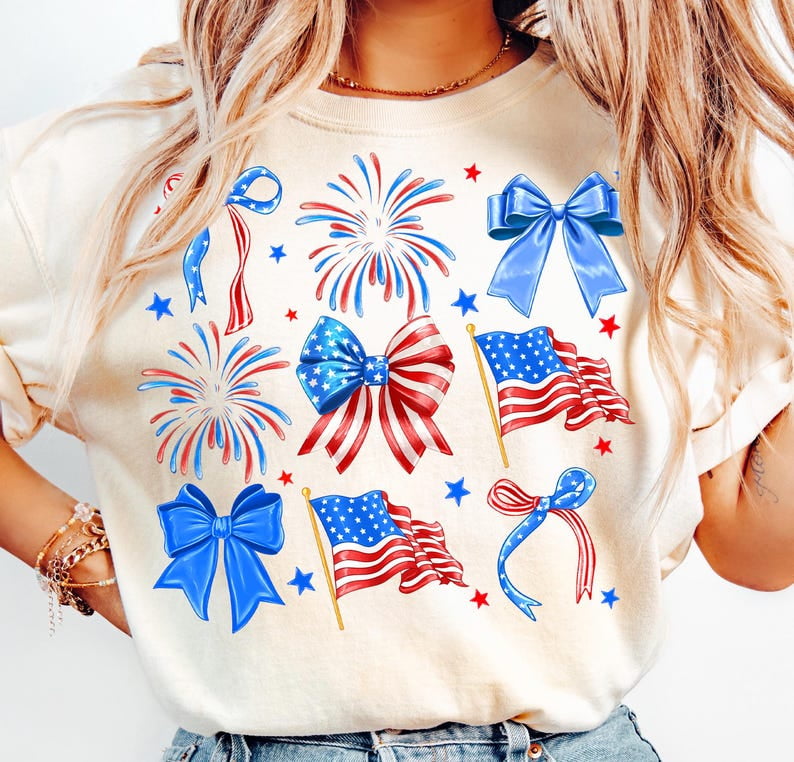 Coquette Flag Bow Girl T-shirt, 4th of July Retro Tee, Red White Blue ...