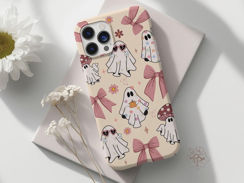 Coquette Floral Ghost Phone Case with Elegant Design for 11/12/13/14/15 ...