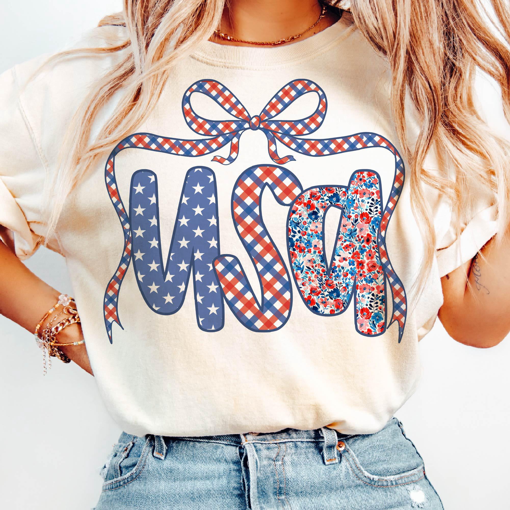 Coquette Floral USA Glitter T-shirt, Independence Day Shirt, Patriotic ...