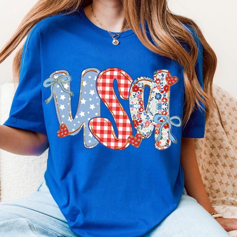 Coquette Floral USA T-Shirt, Glitter Preppy America 1776 Tee, Girly ...
