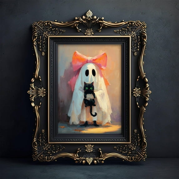 Coquette Girl Ghost Holding Black Cat Poster, Feminine Ghostcore Wall ...