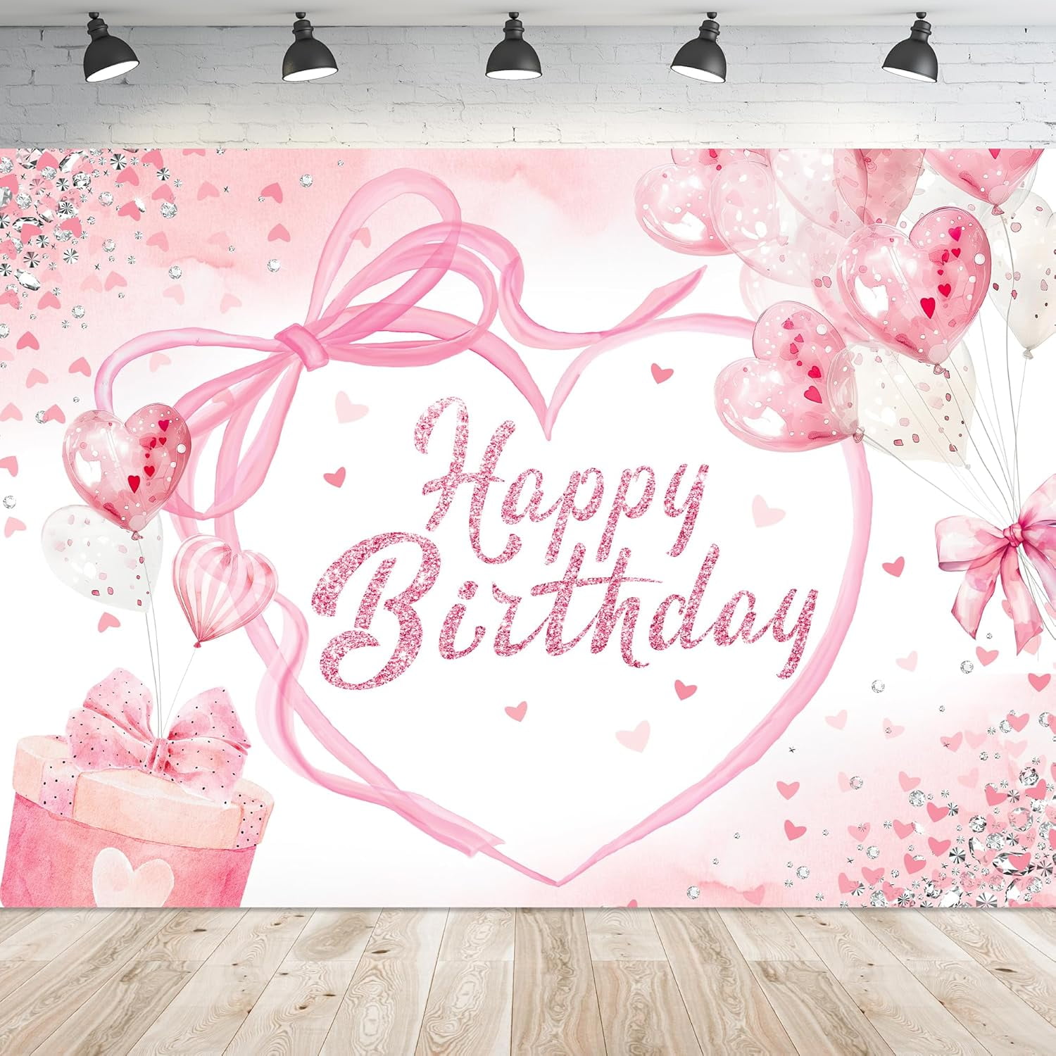 Coquette Happy Birthday Backdrop Photography Pink Bow Heart Balloons ...