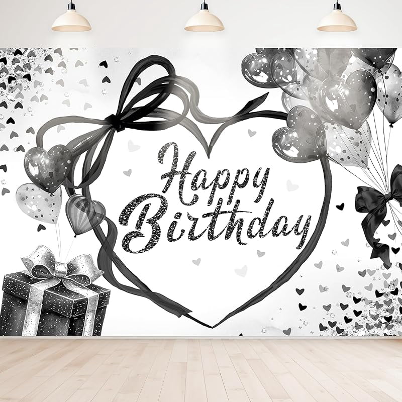 Coquette Happy Birthday Backdrop Photography black Bow Heart Balloons ...