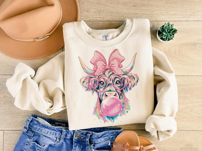 Coquette Highland Cow Sweatshirt, Bubblegum Cow Crewneck, Holographic ...