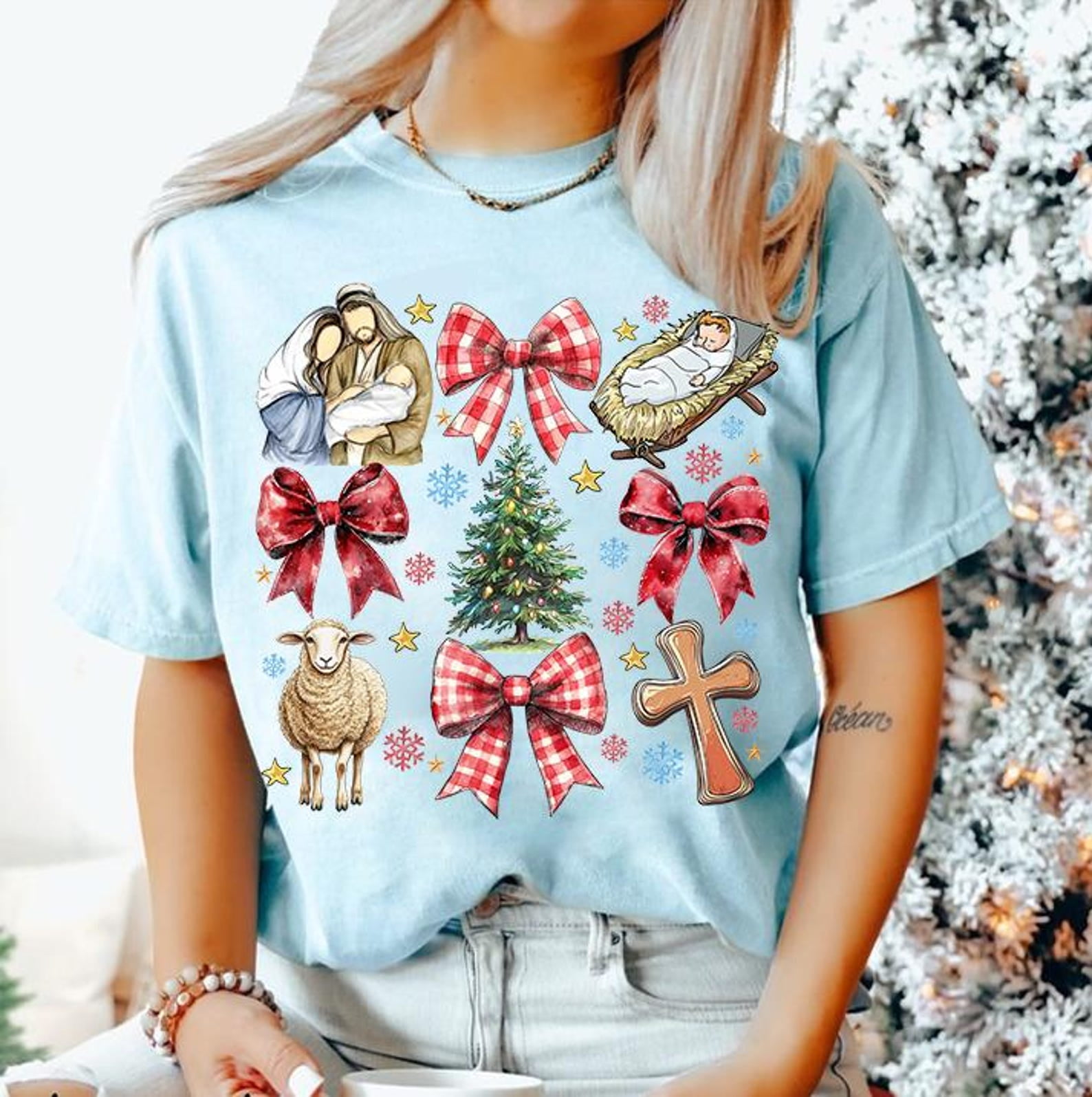 Coquette Jesus Christmas Shirt, Baby Jesus Nativity Scene T-Shirt ...