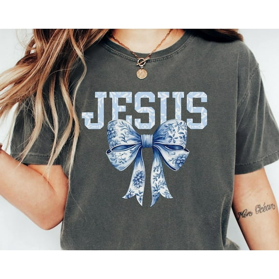 Coquette Jesus T-Shirt: Blue Toile Christian Bow Tee - Walmart.com