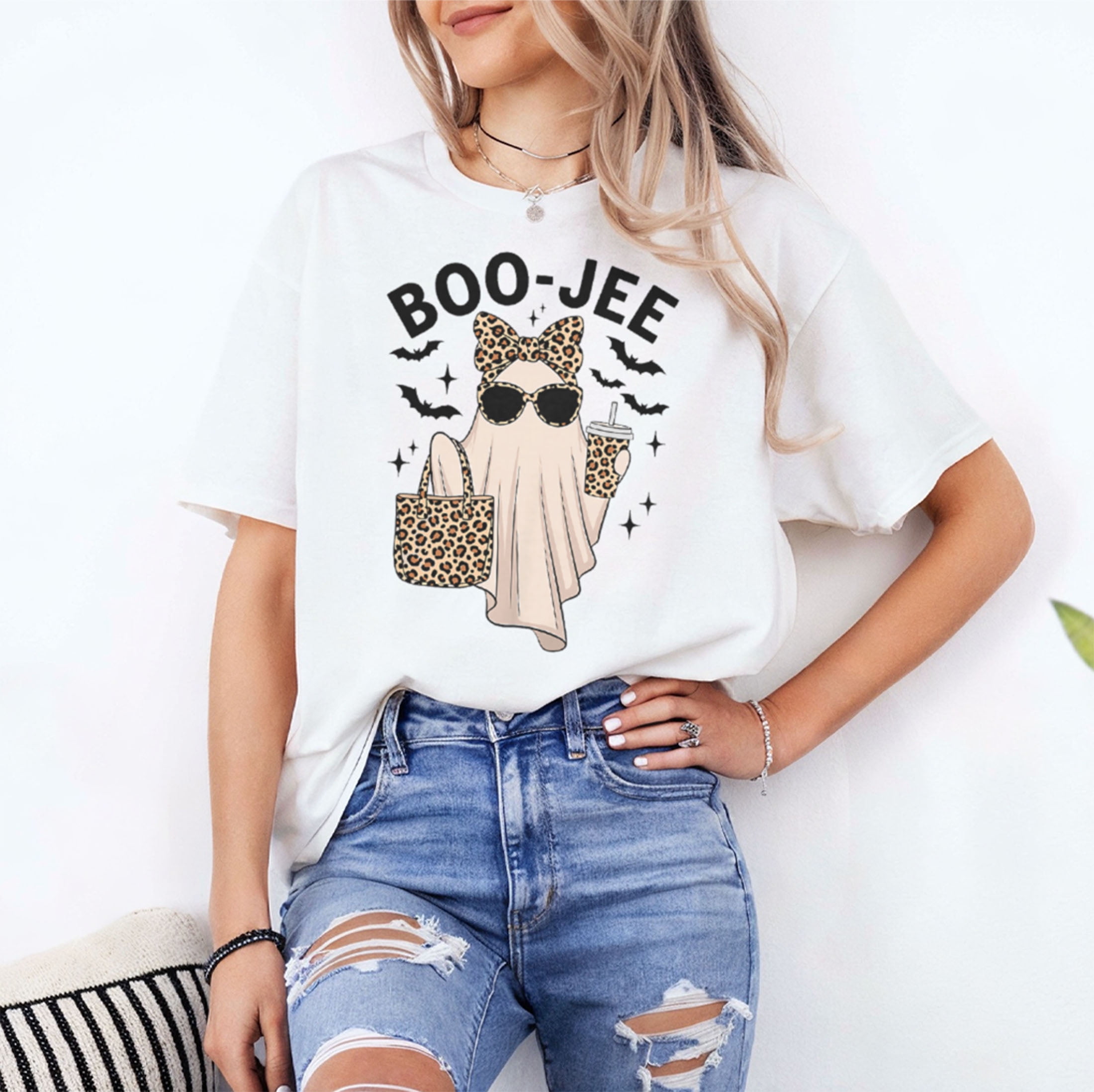 Coquette Leopard Ghost Coffee Boo-JEE Halloween Boujee Ghost T-Shirt, Fullsizes S-5XL ...