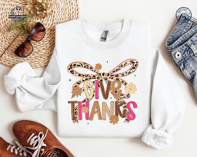 Coquette Leopard Give Thanks Shirt, Thanksgiving Leopard Bow Sweatshirt ...