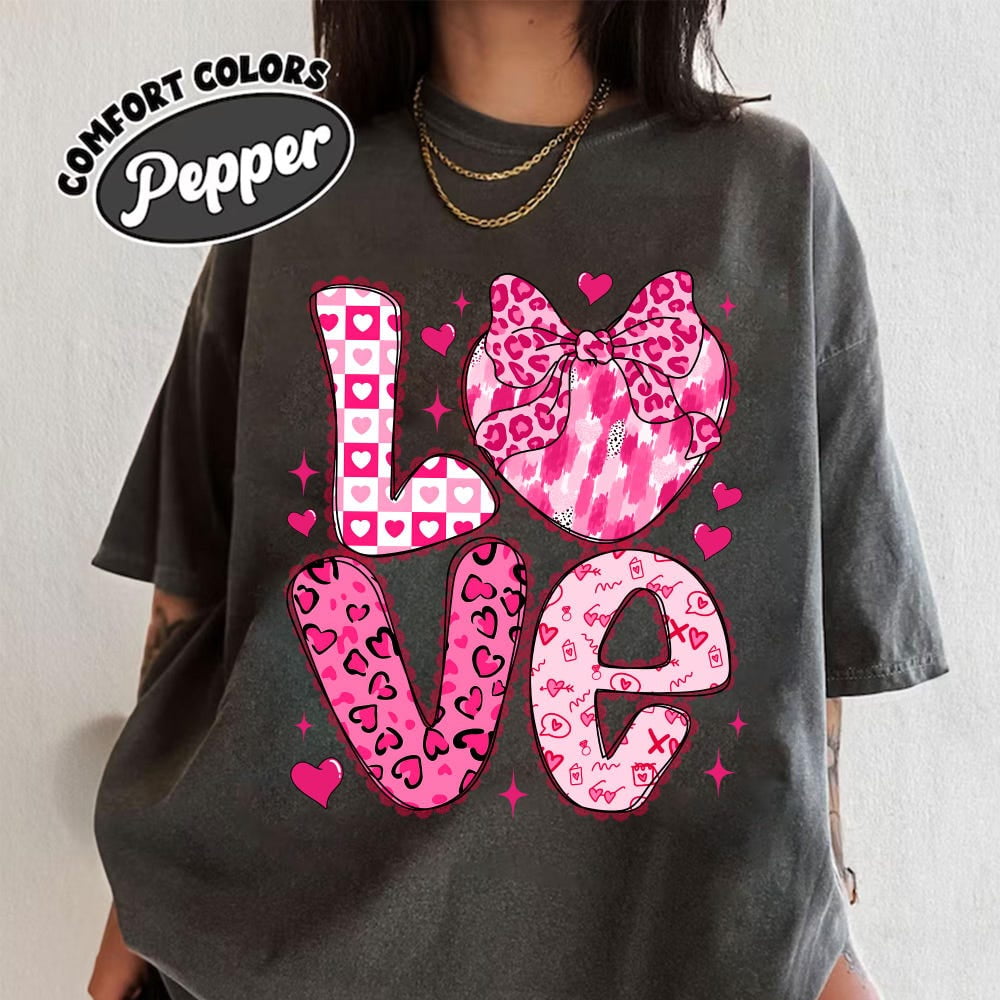 Coquette Love Bow Shirt Pink Leo.pard Heart Retro V-Day Tee - Walmart.com