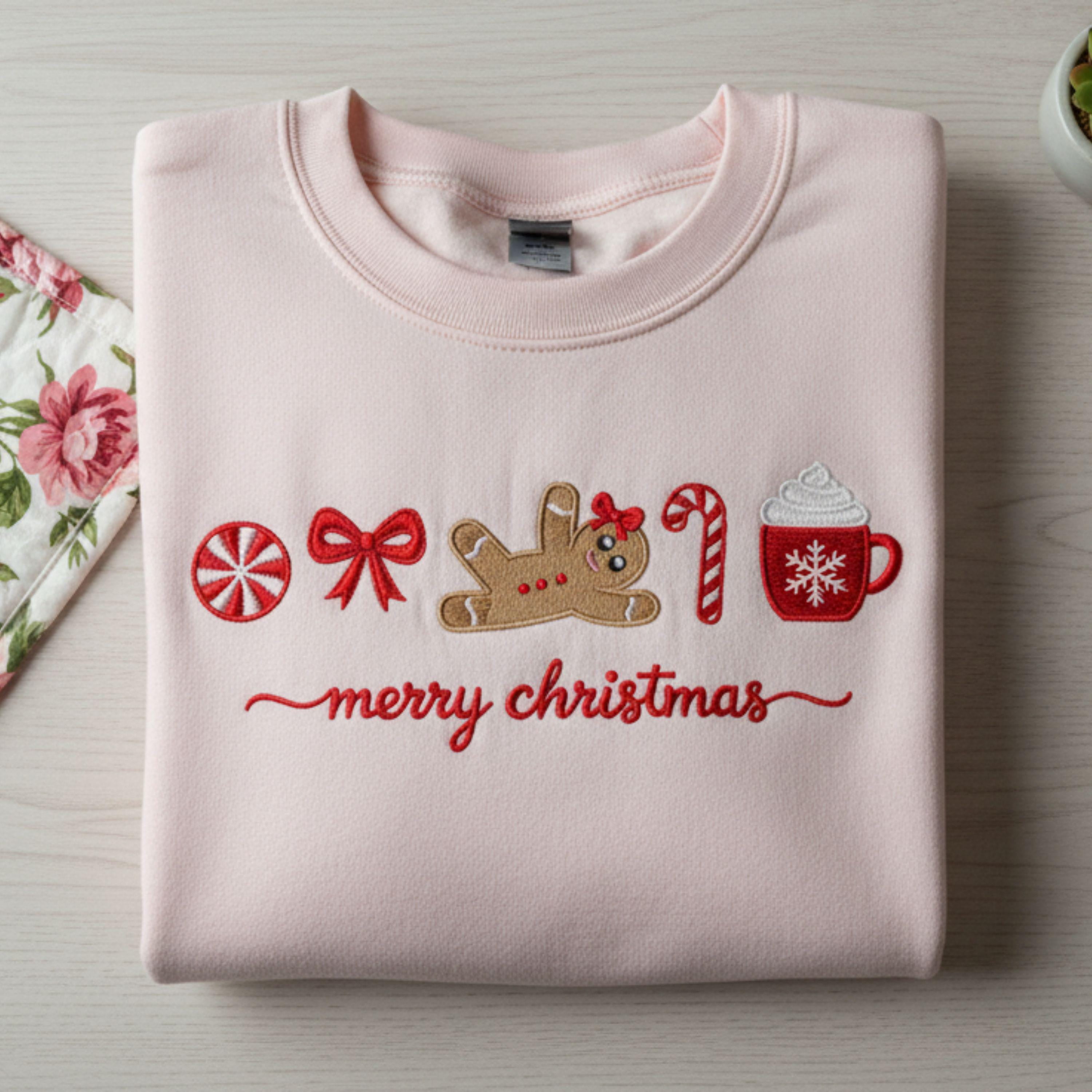 Coquette Merry Christmas Embroidered Sweatshirt, Gingerbread Bow Clothing, Holiday Crewneck ...